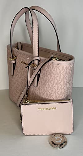 Michael Kors Jet Set Travel XS Carryall Convertible Top Zip Tote bundled with SM TZ Coinpouch and Purse Hook (DK Powder Blush)