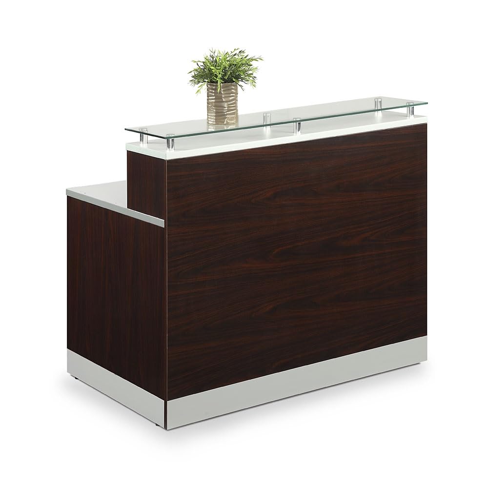 nbf signature series Esquire Glass Top Reception Desk - 63" W x 32" D White Laminate/Silver Laminate Desktop Kickplate and Accents/Glass Top