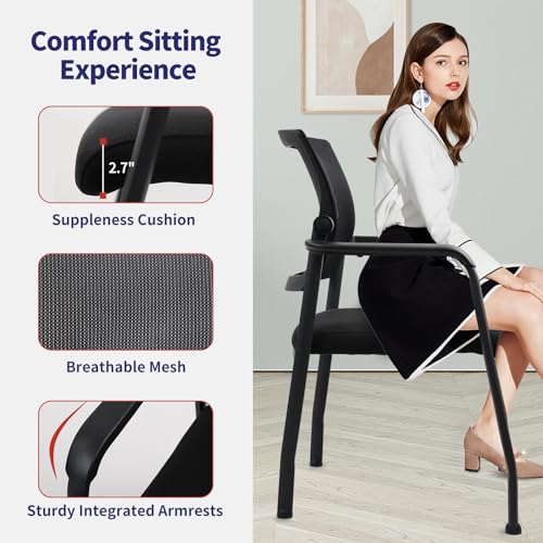 KLASIKA Desk Chair No Wheels with Adjustable Mesh Backrest, Arm Chair with Ergonomic Lumbar Support and Thickened Seats Cushion, Waiting Room Chairs for Office School Church Guest Reception, 2PACK