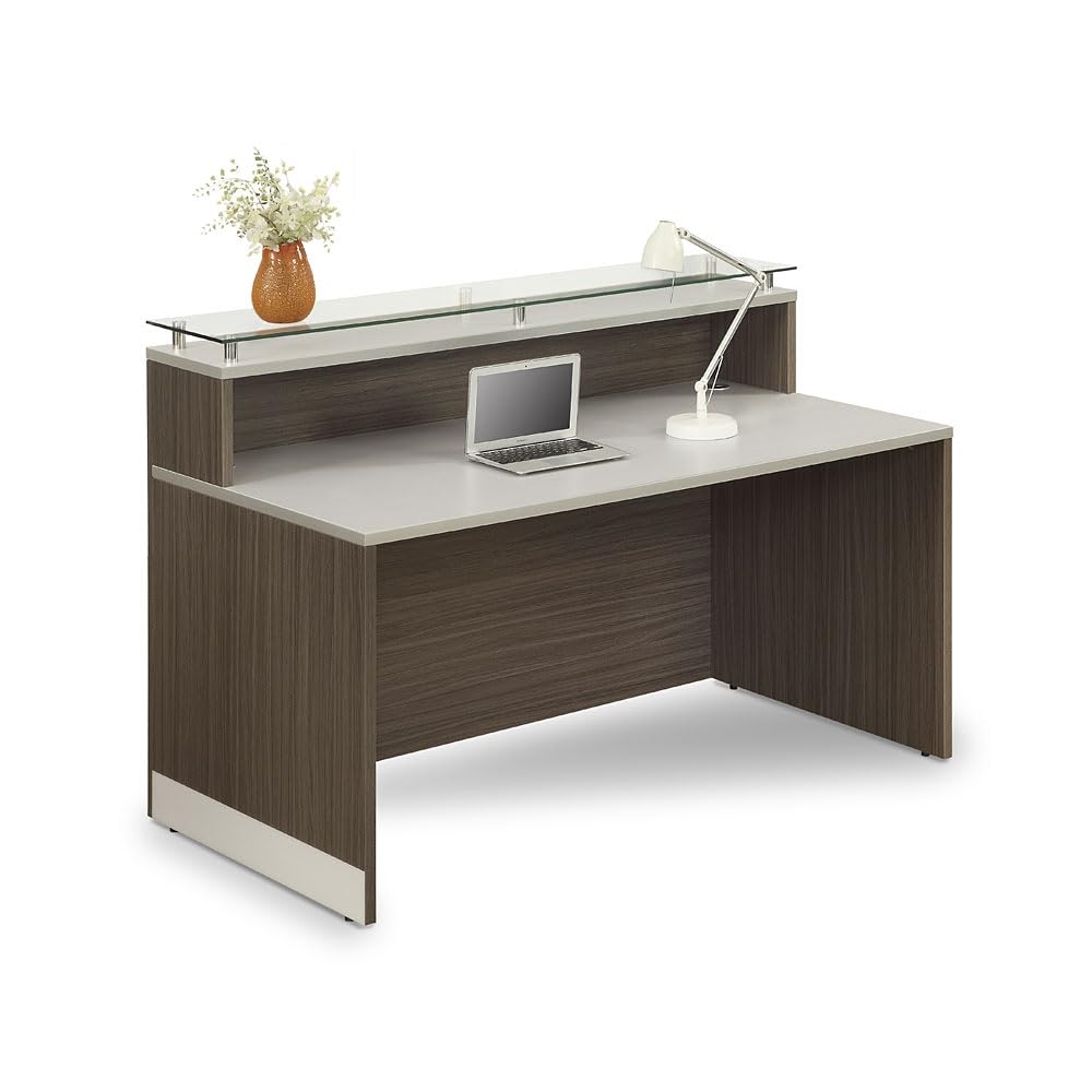 nbf signature series Esquire Glass Top Reception Desk - 63" W x 32" D White Laminate/Silver Laminate Desktop Kickplate and Accents/Glass Top