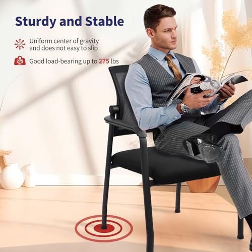 KLASIKA Desk Chair No Wheels with Adjustable Mesh Backrest, Arm Chair with Ergonomic Lumbar Support and Thickened Seats Cushion, Waiting Room Chairs for Office School Church Guest Reception, 2PACK