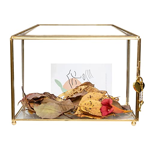 Defined Deco 10.2" Glass Card Box, Gift Display Box,Wedding Card Box with Heart Lock, Card and Gift Holder Glass Cards Box for Weddings, Birthdays, Graduations, Baby and Bridal Showers,Brass Frame.