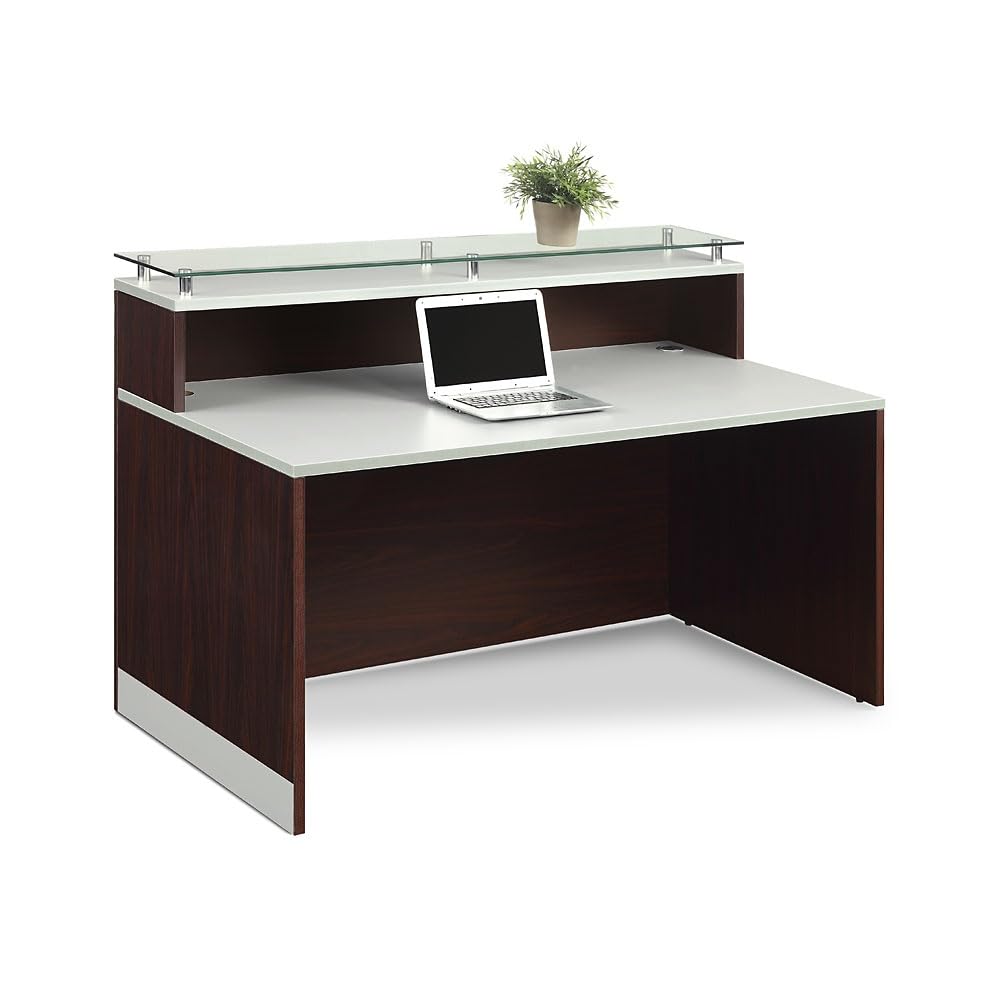 nbf signature series Esquire Glass Top Reception Desk - 63" W x 32" D White Laminate/Silver Laminate Desktop Kickplate and Accents/Glass Top