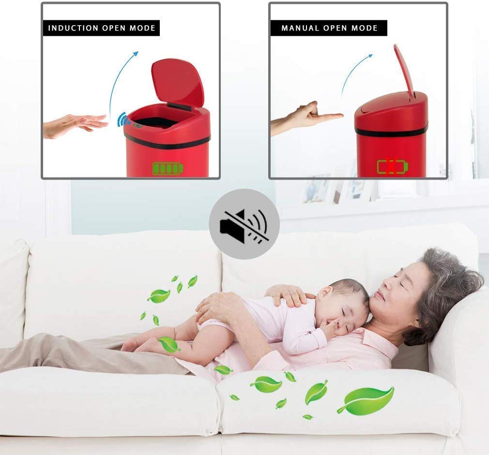 13 Gallon/50L Automatic Kitchen Trash Can with Lid, Touchless Garbage Can, Stainless-Steel Trash Cans Electronic Motion Sensor Smart Trash Bin for Kitchen Office Bathroom, Red