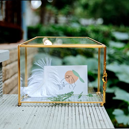 Defined Deco 10.2" Glass Card Box, Gift Display Box,Wedding Card Box with Heart Lock, Card and Gift Holder Glass Cards Box for Weddings, Birthdays, Graduations, Baby and Bridal Showers,Brass Frame.