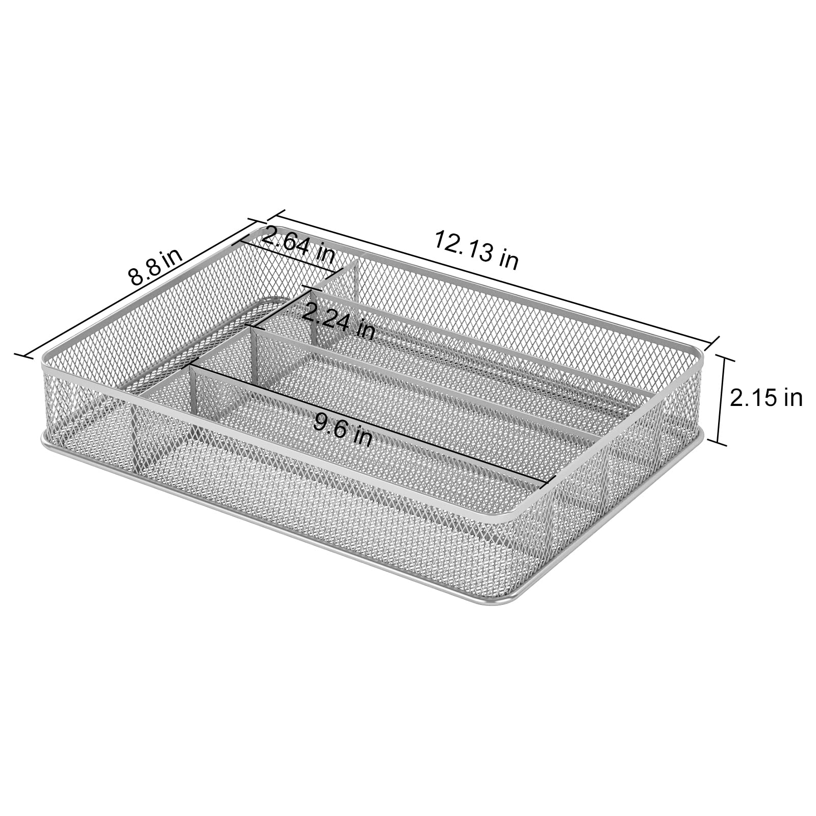 TQVAI Mesh Cutlery Tray 5 Compartments Kitchen Silverware Holder Utensil Flatware Organizer, Silver