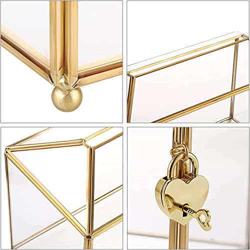 Defined Deco 10.2" Glass Card Box, Gift Display Box,Wedding Card Box with Heart Lock, Card and Gift Holder Glass Cards Box for Weddings, Birthdays, Graduations, Baby and Bridal Showers,Brass Frame.