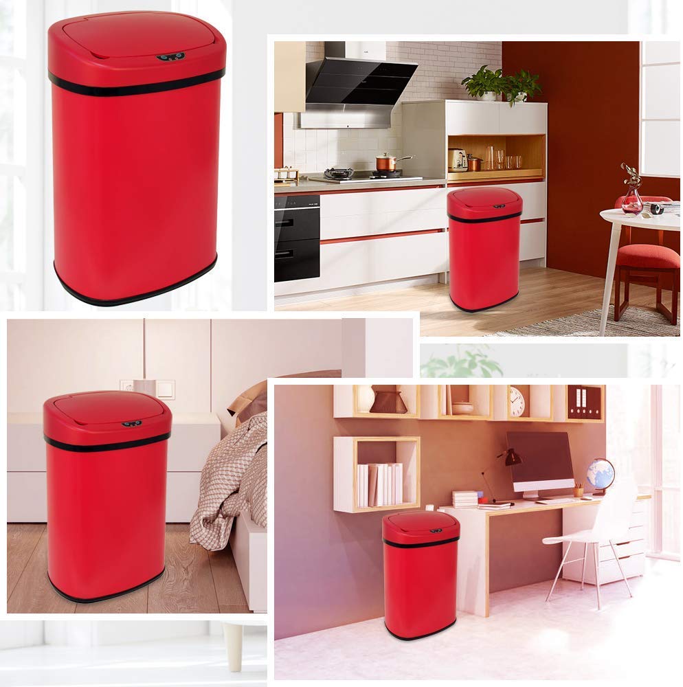 13 Gallon/50L Automatic Kitchen Trash Can with Lid, Touchless Garbage Can, Stainless-Steel Trash Cans Electronic Motion Sensor Smart Trash Bin for Kitchen Office Bathroom, Red