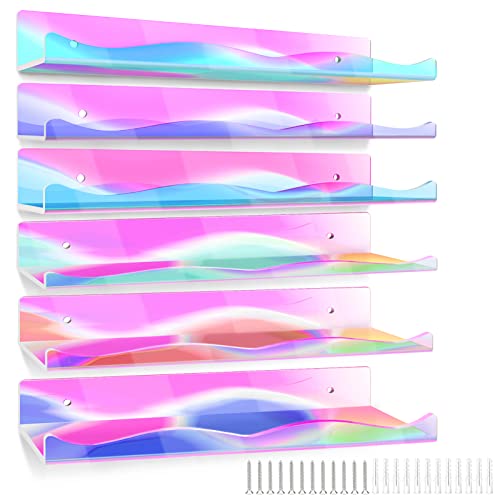 6 Packs Large Iridescent Wall Mounted Floating Shelf, ULENDIS 15.7 Inch Rainbow Clear Acrylic Display Shelves Organizer Nail Polish Rack, Wall Ledge Bookshelf for Bedroom Bathroom or Living Room Decor