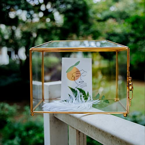 Defined Deco 10.2" Glass Card Box, Gift Display Box,Wedding Card Box with Heart Lock, Card and Gift Holder Glass Cards Box for Weddings, Birthdays, Graduations, Baby and Bridal Showers,Brass Frame.