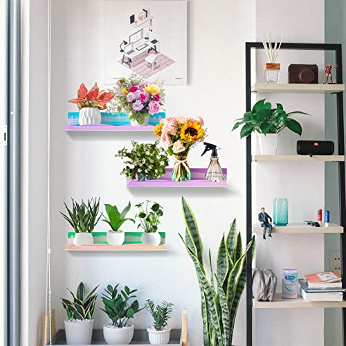 6 Packs Large Iridescent Wall Mounted Floating Shelf, ULENDIS 15.7 Inch Rainbow Clear Acrylic Display Shelves Organizer Nail Polish Rack, Wall Ledge Bookshelf for Bedroom Bathroom or Living Room Decor