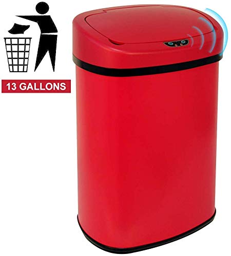13 Gallon/50L Automatic Kitchen Trash Can with Lid, Touchless Garbage Can, Stainless-Steel Trash Cans Electronic Motion Sensor Smart Trash Bin for Kitchen Office Bathroom, Red