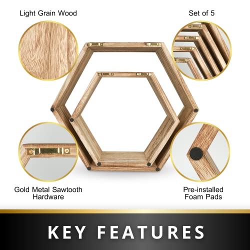 Hexagon Shelves Set of 5 – Wall Mounted Natural Light Wood Floating Shelves – Decorative Honeycomb Hanging Display Shelf for Bedroom, Living Room, Kitchen & Office - Modern Farmhouse Décor Storage