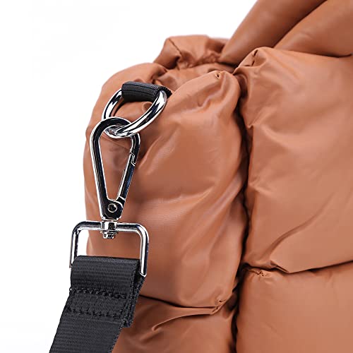 AZURAOKEY Puffer Tote Bag, Check Cotton-Padded Bag Autumn Winter Lady Soft Puffer Shoulder Bag Warm for Work (Brown)