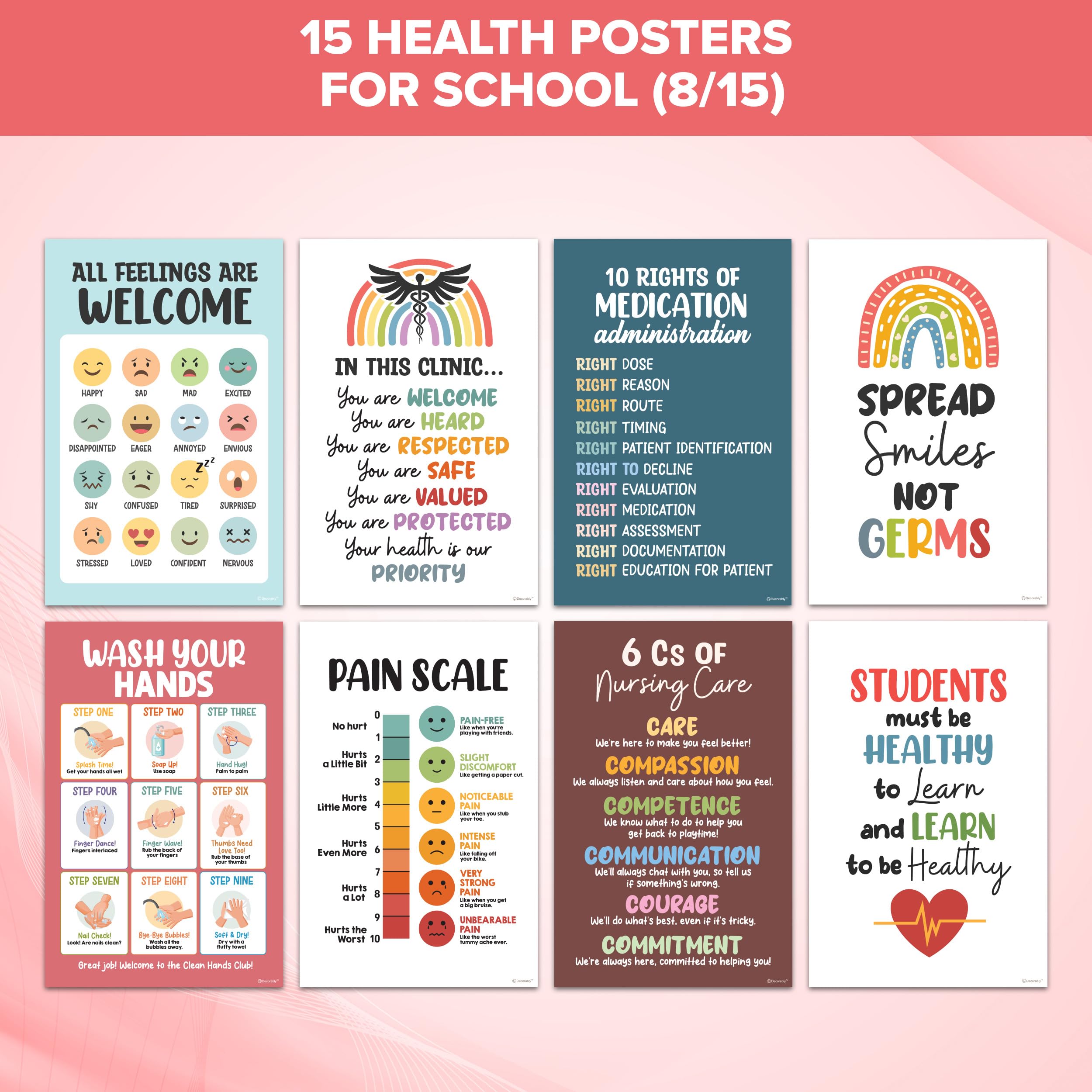 Decorably 15 Health Posters for School Nurse Office Decorations, 11x17in Matte-Laminated Educational Health Office Decor