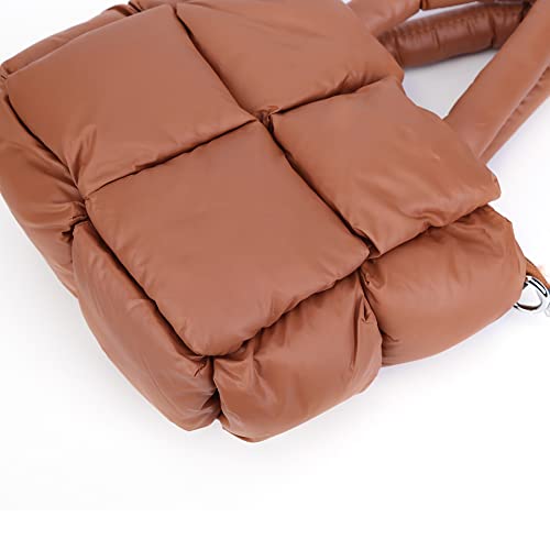 AZURAOKEY Puffer Tote Bag, Check Cotton-Padded Bag Autumn Winter Lady Soft Puffer Shoulder Bag Warm for Work (Brown)