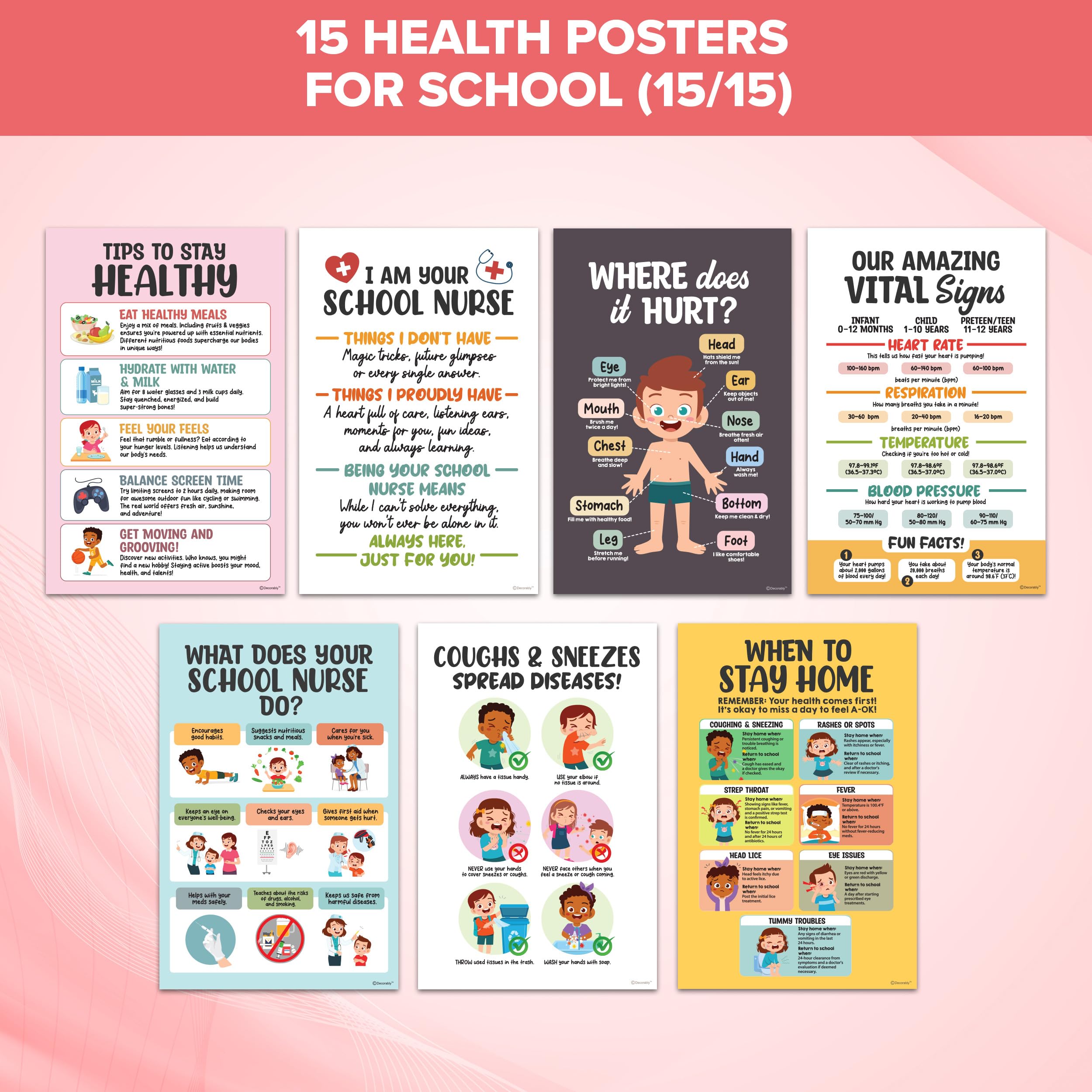 Decorably 15 Health Posters for School Nurse Office Decorations, 11x17in Matte-Laminated Educational Health Office Decor