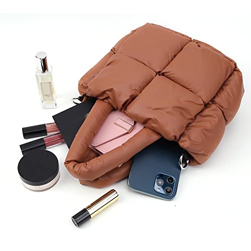 AZURAOKEY Puffer Tote Bag, Check Cotton-Padded Bag Autumn Winter Lady Soft Puffer Shoulder Bag Warm for Work (Brown)