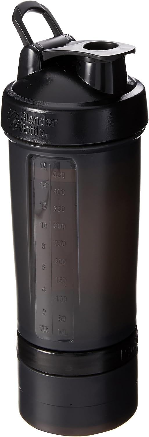 BlenderBottle Shaker Bottle with Pill Organizer and Storage for Protein Powder, ProStak System, 22-Ounce, Black