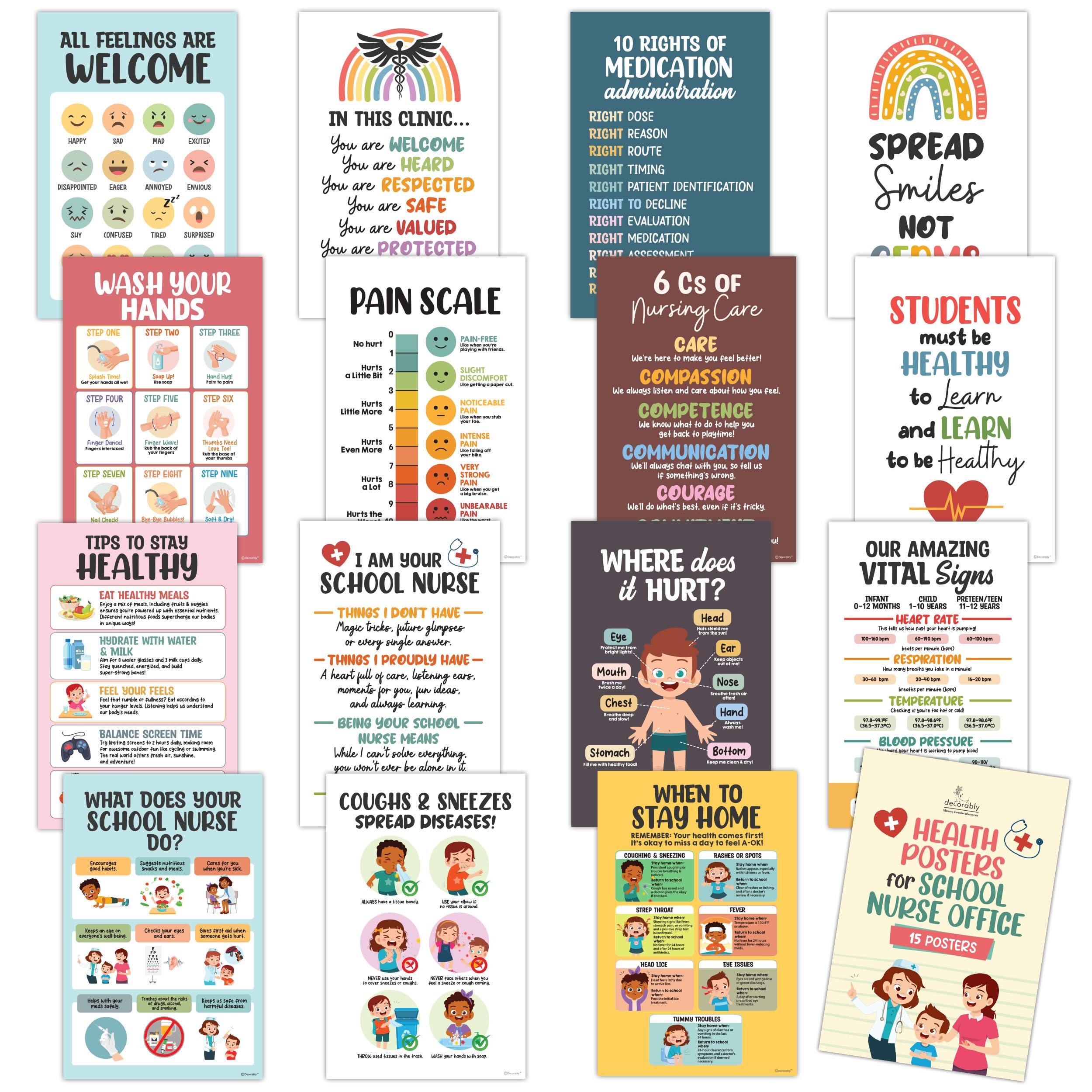 Decorably 15 Health Posters for School Nurse Office Decorations, 11x17in Matte-Laminated Educational Health Office Decor