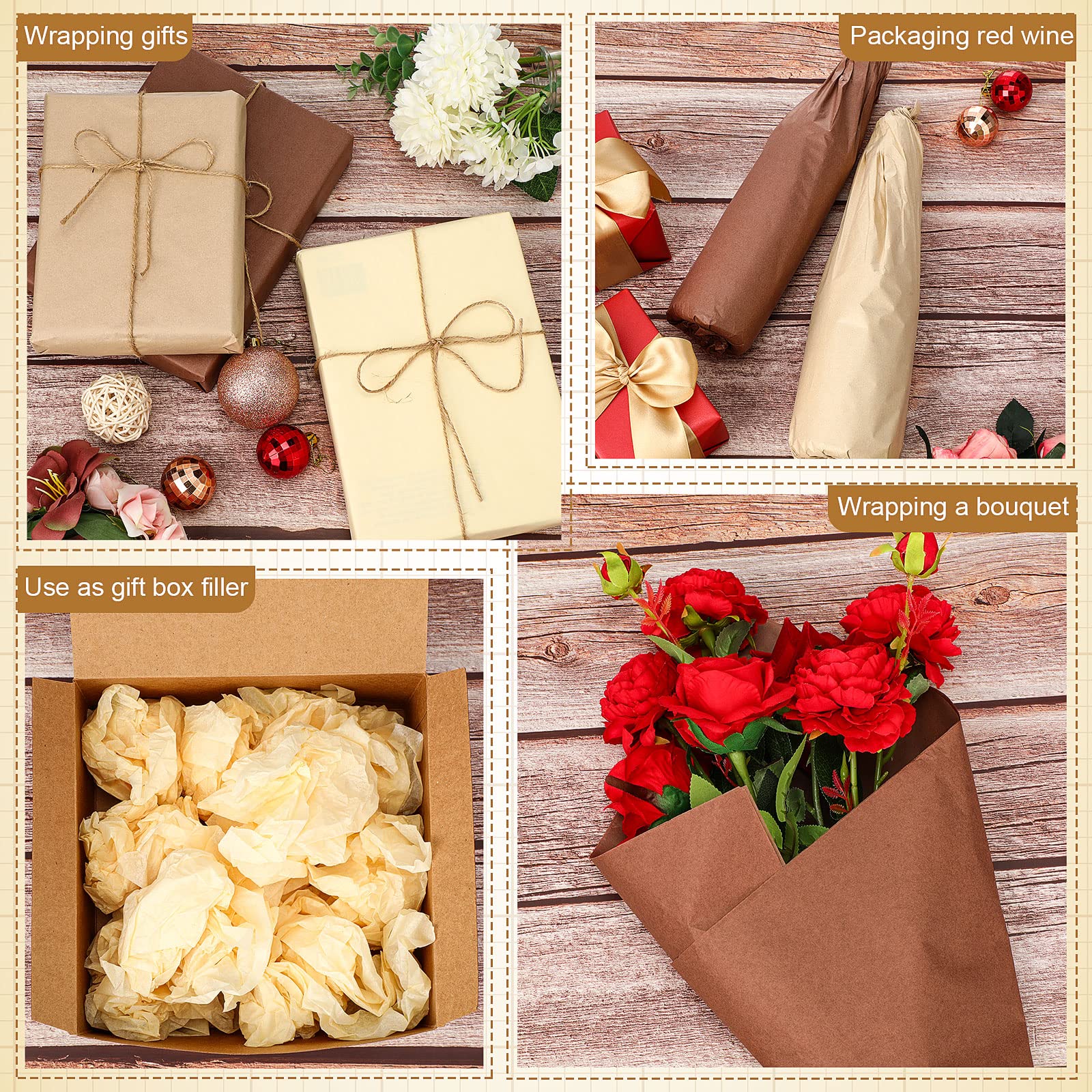 300 Sheets Kraft Tissue Paper for Packaging, 14 x 20 Inches Gift Wrapping Bulk Tissue Paper Decorative for Irish Easter Baby Shower Graduation Weddings Birthday DIY Project (Brown Series)