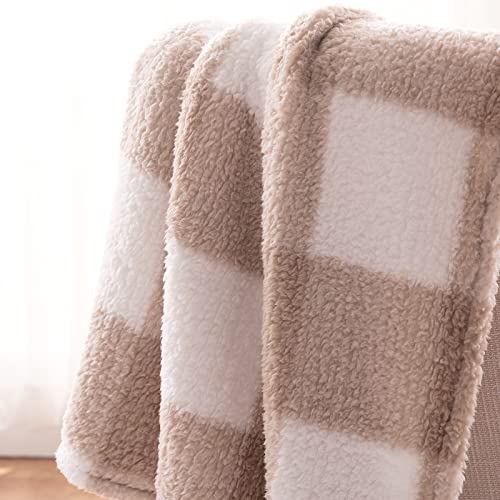 Bertte Fluffy Sherpa Throw Blanket Ultra Soft Warm Lightweight Plaid Shaggy Blanket for Couch Sofa Travel, Premium Reversible Decorative Blanket for All Seasons (Checker Beige, 60in x 80in)