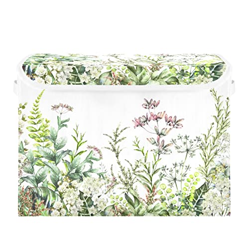 Flowers Collapsible Rectangular Storage Bins with Lids Decorative Lidded Basket for Toys Organizers Fabric Storage Boxes with Handles for Toys Clothes Organizing Room Nursery