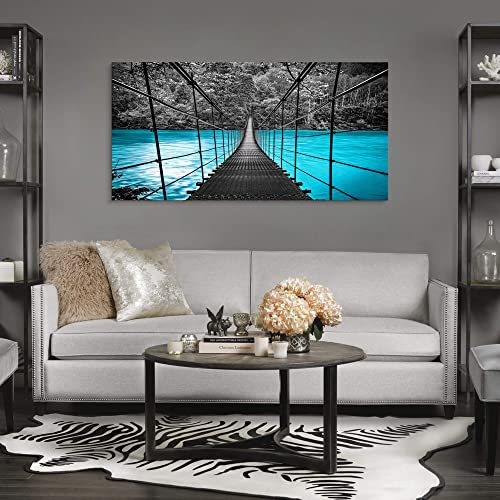 Bridge River Canvas Wall Art: Teal Blue Picture Lake Decor Painting Turquoise Decoration Artwork For Bedroom Living Room 48"x24"