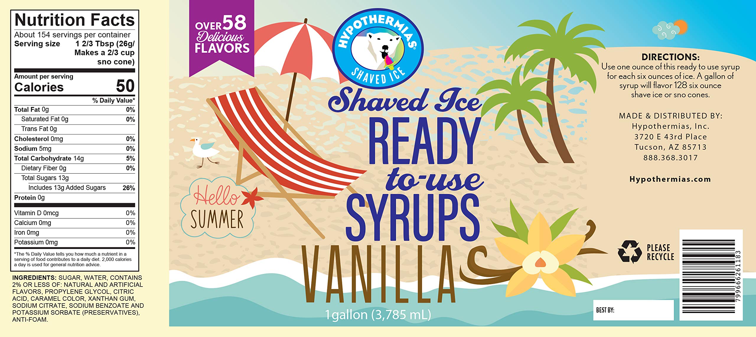 Hypothermias Vanilla Ready to Use Gallon (128 Fl. Oz) Hawaiian Snow Cone Flavors Syrup - Shaved Ice, 100% Pure Cane Sugar