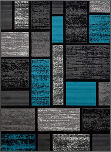 Champion Rugs Square Pattern Area Rug Geometric Pattern Modern Turquoise Gray Carpet Shed Free Stain Resistant (7β 8β X 10β 8β)