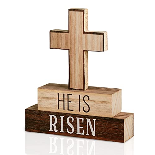 Treory Easter Decorations for The Home, 3 pcs Easter Decor HE is Risen with Cross Wooden Table Signs Christian Religious Block Sign Rustic Tiered Tray Decor Farmhouse Decor for Easter Gifts
