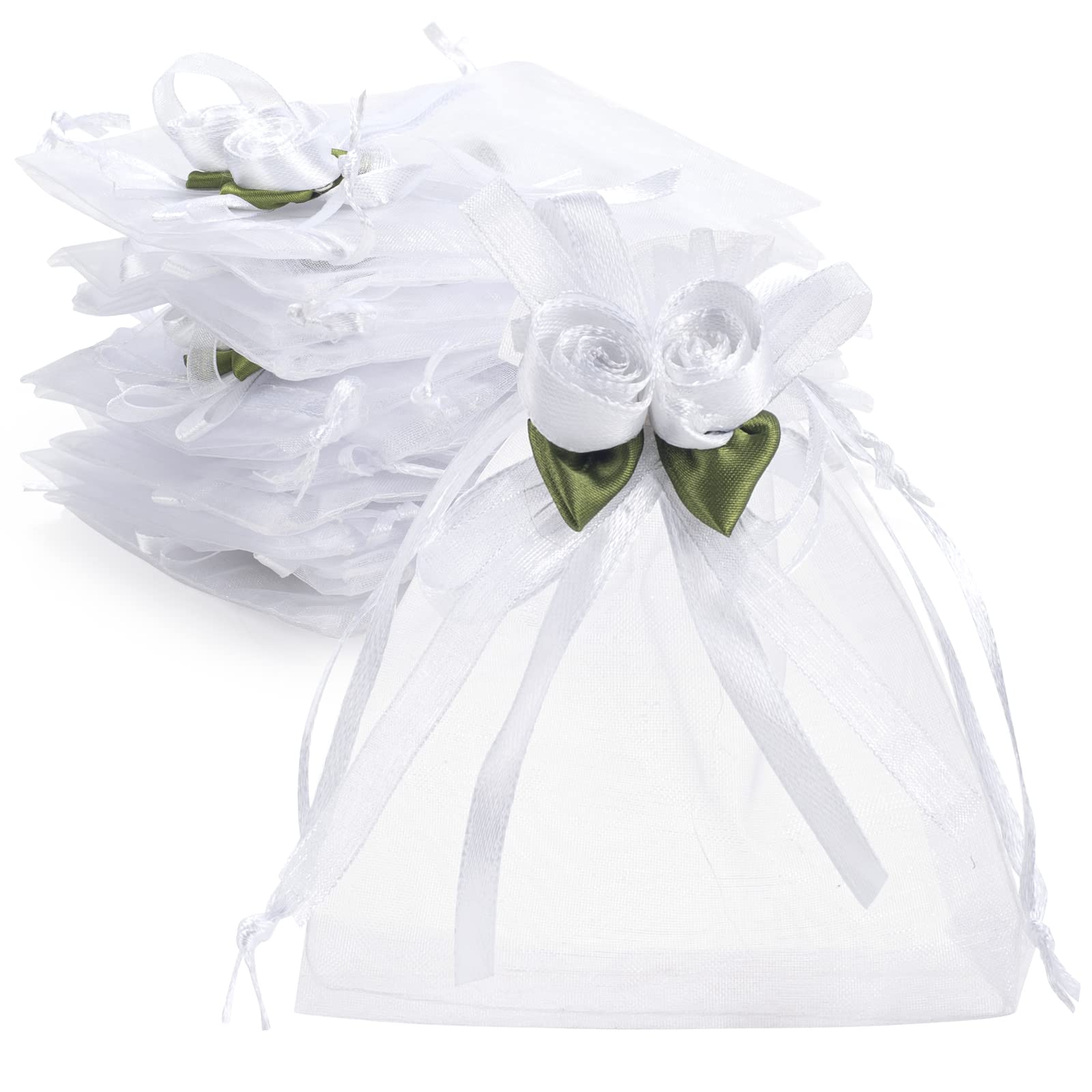 ONUPGO 50 Pack White Rose Organza Gift Bags with Drawstring, 4 x 4.7 inch Wedding Favor Gift Bags, Small Mesh Candy Bags Jewelry Pouches for Party Wedding Christmas DIY Craft