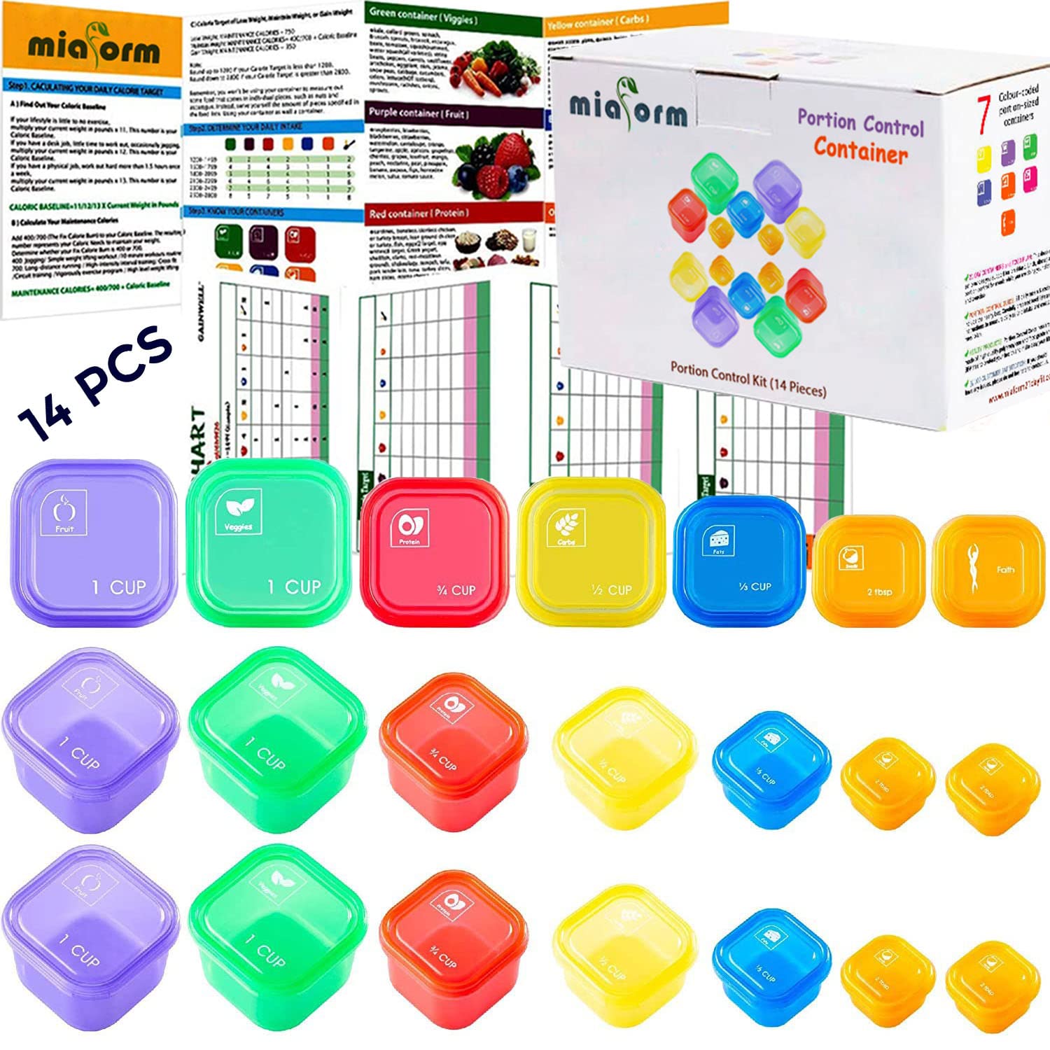 Portion Control Container and Food Plan (Labeled 14 Pcs) - 21 Day Portion Control Container Kit for Weight Loss - 21 Day Tally Chart with e-Book