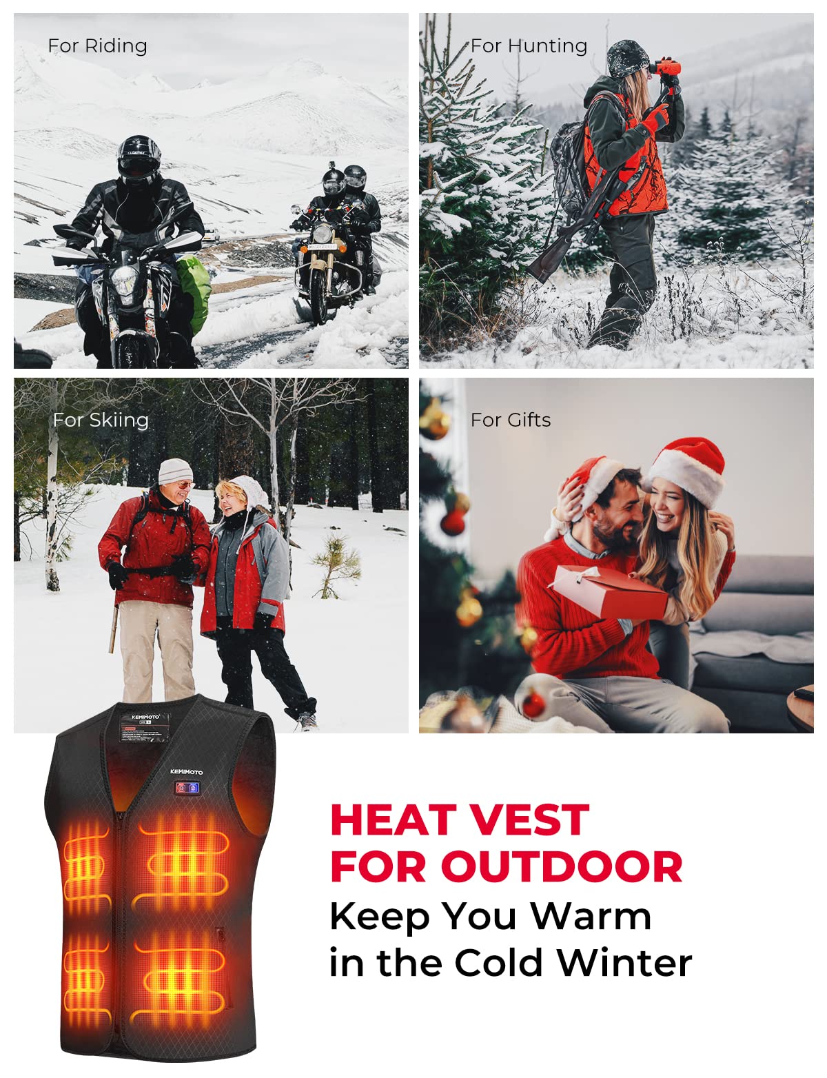 KEMIMOTO Heated Vest for Men, Warming Vest, Heated Hunting Vest, BATTERY NOT INCLUDED, Electric Heated Vest