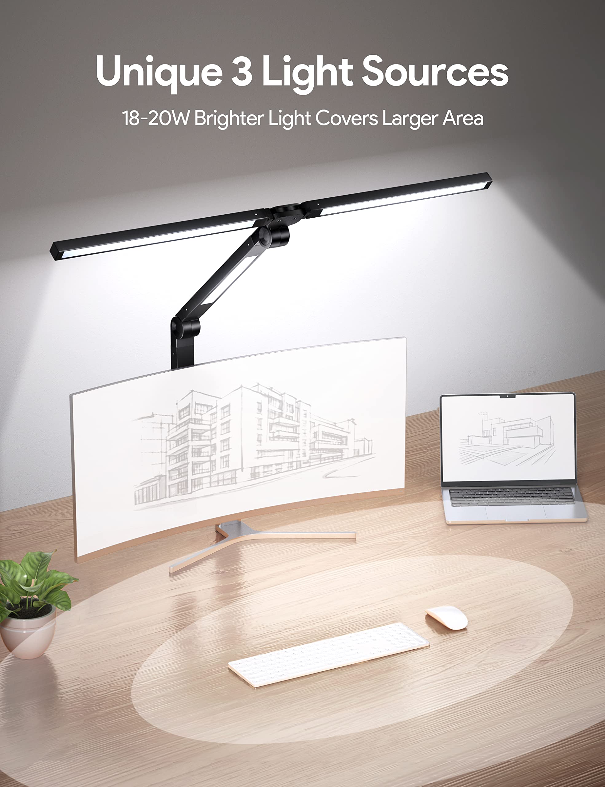 LED Desk Lamp with Clamp, Three Light Sources Desk Lamps for Home Office, Led Desk Light Swing Arm, Control Box, Dimmable 4 Color Modes, 4 Brightness, Eye-Caring Clip on Lamp for Workbench Studio, 20W