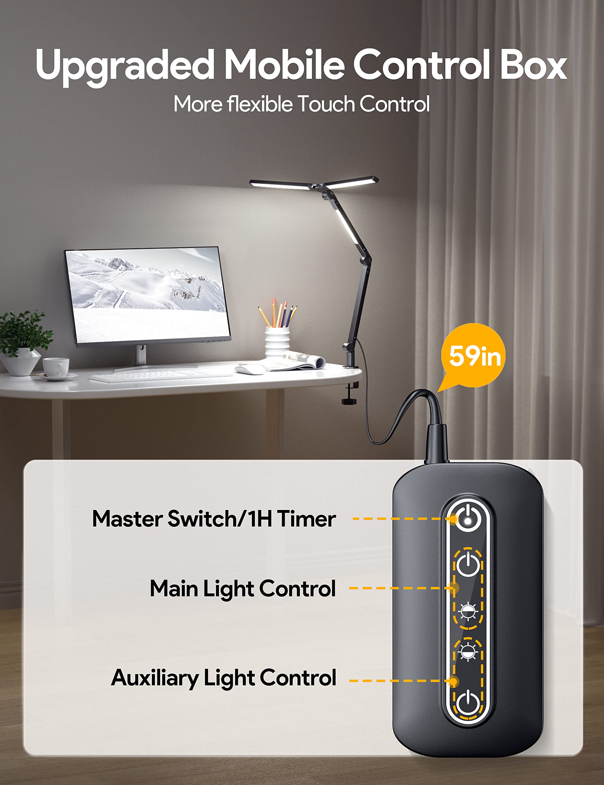 LED Desk Lamp with Clamp, Three Light Sources Desk Lamps for Home Office, Led Desk Light Swing Arm, Control Box, Dimmable 4 Color Modes, 4 Brightness, Eye-Caring Clip on Lamp for Workbench Studio, 20W