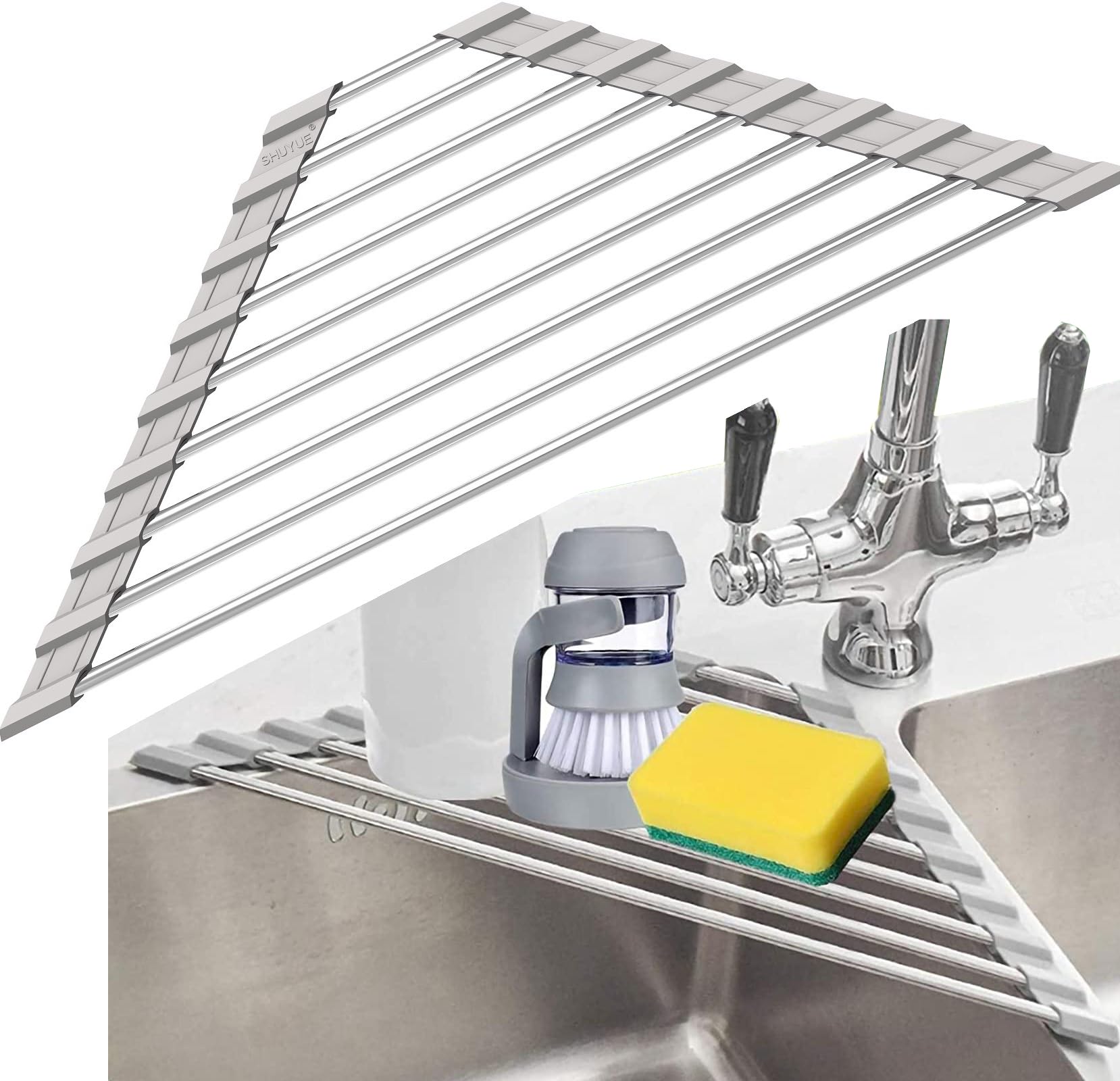 SHUYUE Triangle Dish Drying Rack for Sink Corner Roll Up Dish Drying Rack Folding Stainless Steel Multipurpose Over The Sink Corner Dish Drainer Mat for Kitchen (Grey)