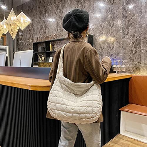 Large Puffer Tote Bag, Quilted Down Bags for Women Soft Space Totes Puffer Bag Lattice Crossbody for Autumn and Winter (White)