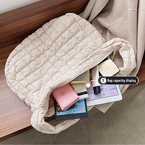 Large Puffer Tote Bag, Quilted Down Bags for Women Soft Space Totes Puffer Bag Lattice Crossbody for Autumn and Winter (White)