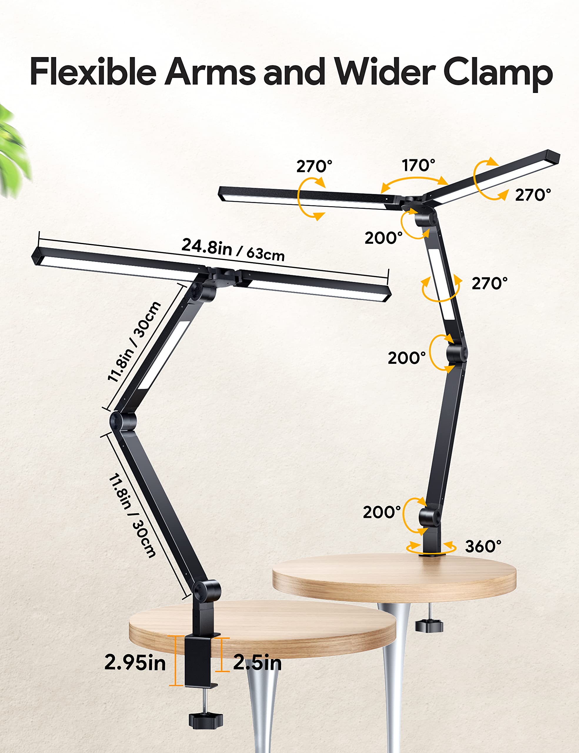 LED Desk Lamp with Clamp, Three Light Sources Desk Lamps for Home Office, Led Desk Light Swing Arm, Control Box, Dimmable 4 Color Modes, 4 Brightness, Eye-Caring Clip on Lamp for Workbench Studio, 20W