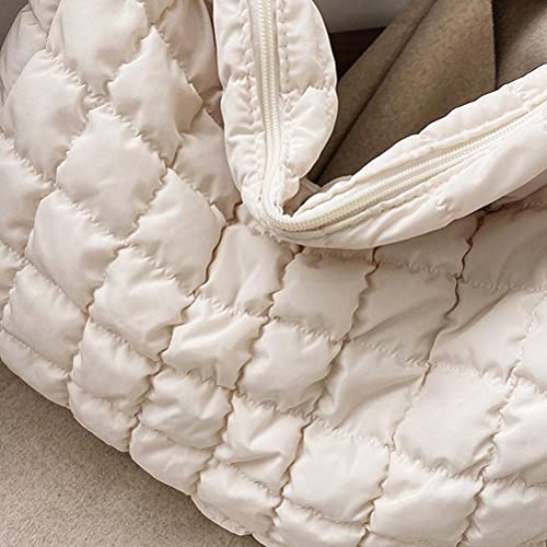 Large Puffer Tote Bag, Quilted Down Bags for Women Soft Space Totes Puffer Bag Lattice Crossbody for Autumn and Winter (White)