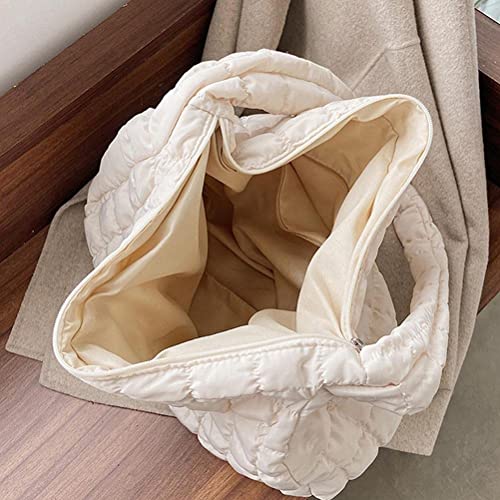 Large Puffer Tote Bag, Quilted Down Bags for Women Soft Space Totes Puffer Bag Lattice Crossbody for Autumn and Winter (White)