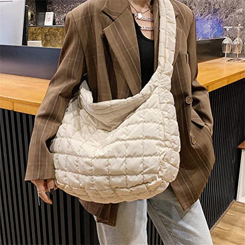 Large Puffer Tote Bag, Quilted Down Bags for Women Soft Space Totes Puffer Bag Lattice Crossbody for Autumn and Winter (White)
