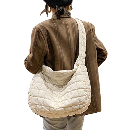 Large Puffer Tote Bag, Quilted Down Bags for Women Soft Space Totes Puffer Bag Lattice Crossbody for Autumn and Winter (White)