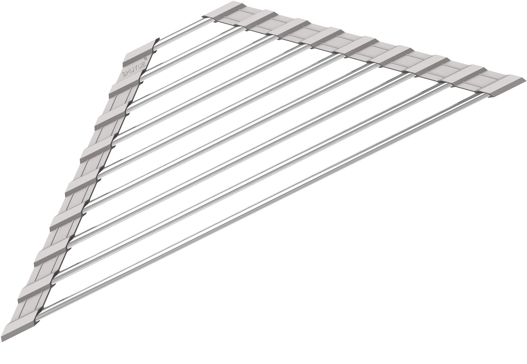 SHUYUE Triangle Dish Drying Rack for Sink Corner Roll Up Dish Drying Rack Folding Stainless Steel Multipurpose Over The Sink Corner Dish Drainer Mat for Kitchen (Grey)