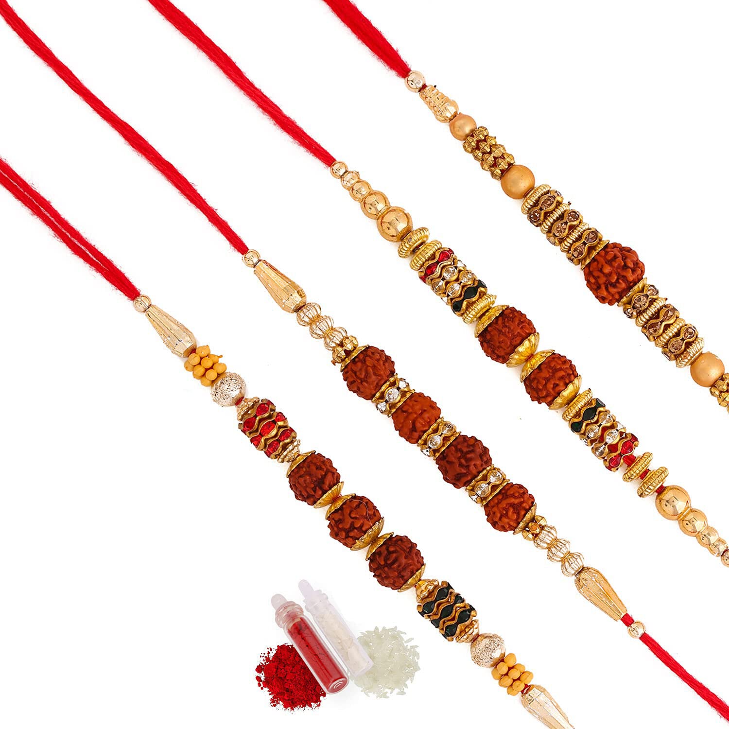 WALGROW Attractive Asscorted Traditional Design Multicolor Beautiful Raksha Bandhan Rakhi Bracelet With Roli and Chawal Gift For Your loving Brothers (Pack of 4)
