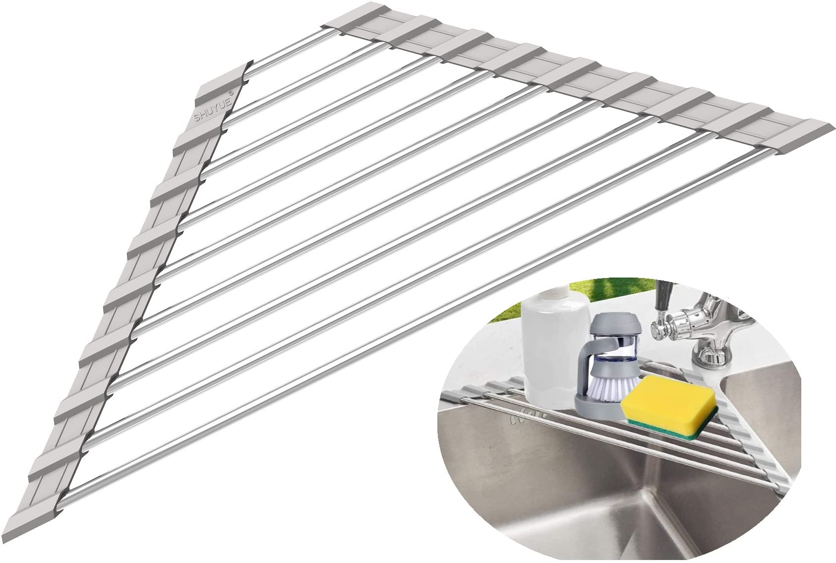 SHUYUE Triangle Dish Drying Rack for Sink Corner Roll Up Dish Drying Rack Folding Stainless Steel Multipurpose Over The Sink Corner Dish Drainer Mat for Kitchen (Grey)