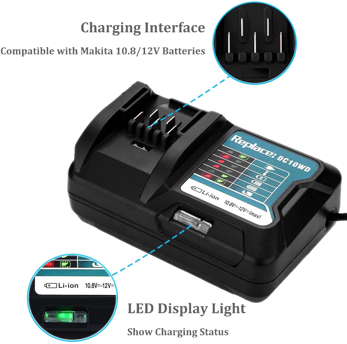 2 X 2.0A BL1021B Battery with Charger DC10WD 10.8V ~ 12V, Replace for Makita 12V Battery CXT BL1016 Bl1041B BL1040 BL1020B, Replace for Makita DF031D TD110D JR103D JR105D HSS01D HP332D DC10SB DC10WC