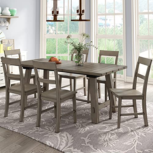 Retro Style Kitchen Dining Room Set, 7-Piece Dining Table Set Extendable Kitchen Table Set with 18β Leaf Rectangular Table with 6 Wood Chairs, Dining Room Set for 6 People, for Dining Room, Kitchen