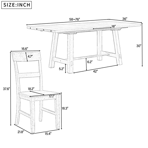 Retro Style Kitchen Dining Room Set, 7-Piece Dining Table Set Extendable Kitchen Table Set with 18β Leaf Rectangular Table with 6 Wood Chairs, Dining Room Set for 6 People, for Dining Room, Kitchen